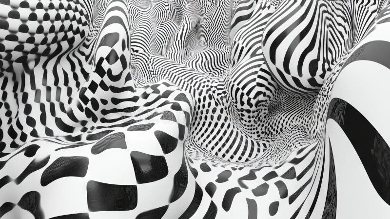Abstract Black and White Optical Illusion with Wavy Patterns and ...