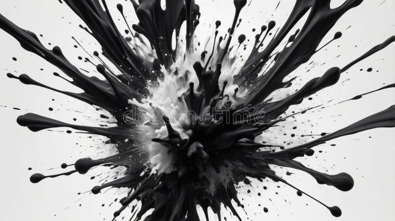 Abstract Black and White Paint Explosion with Splatters and Drips on a ...