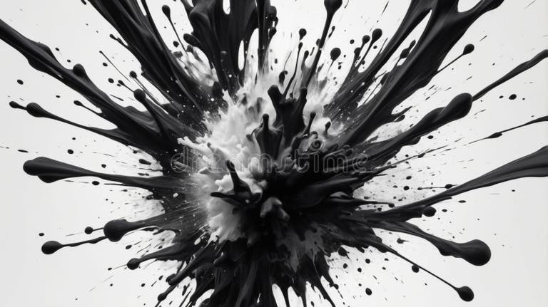 Abstract Black and White Paint Explosion with Splatters and Drips on a ...