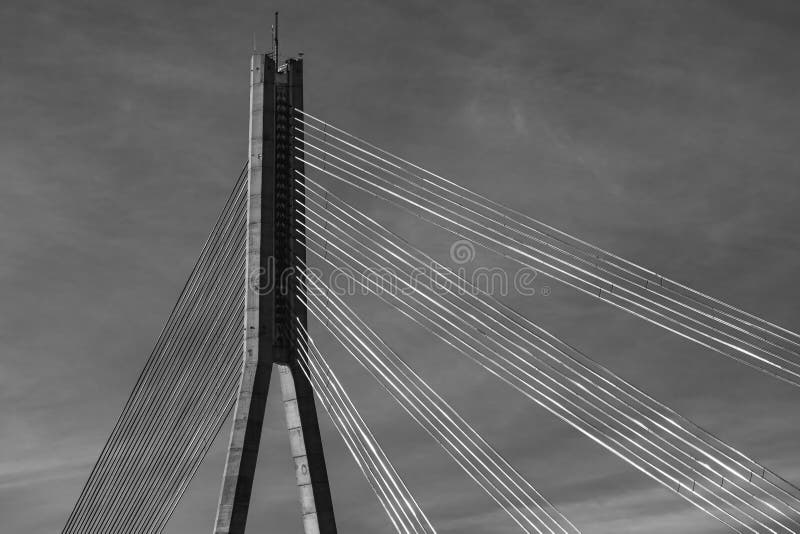 Abstract Black and White Photo of a Cable-stayed Bridge Support and ...