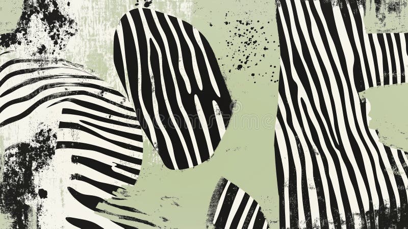 Abstract Black and White Striped Shapes on a Muted Green Background ...