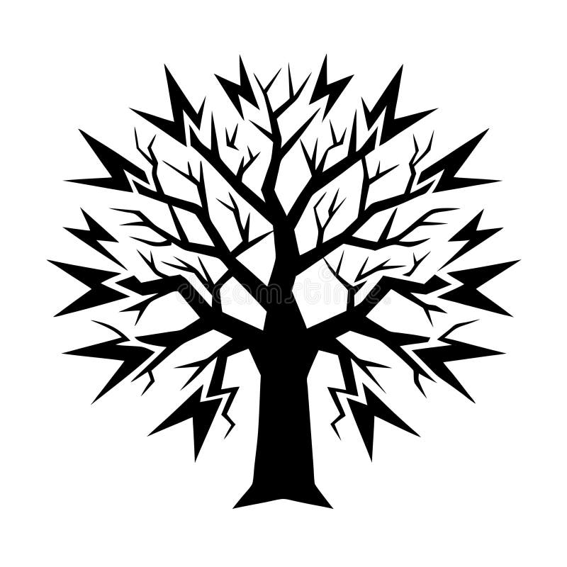 Abstract Black and White Tree Silhouette with Lightning-Shaped Leaves ...