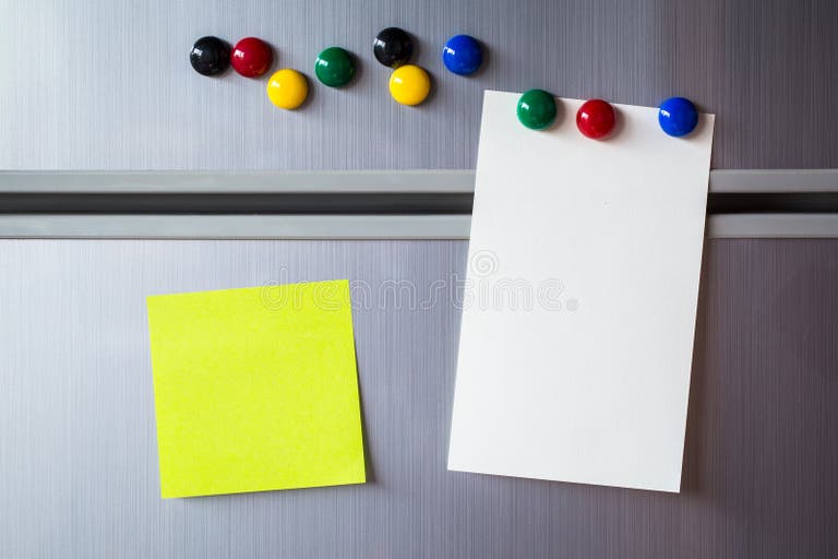 Abstract of Blank Paper and Stick Paper on Refrigerator Door. Paper ...