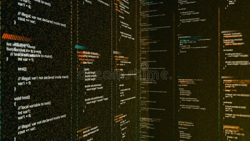 Abstract Blocks of Program Code Inside Vertical Columns Flying in ...