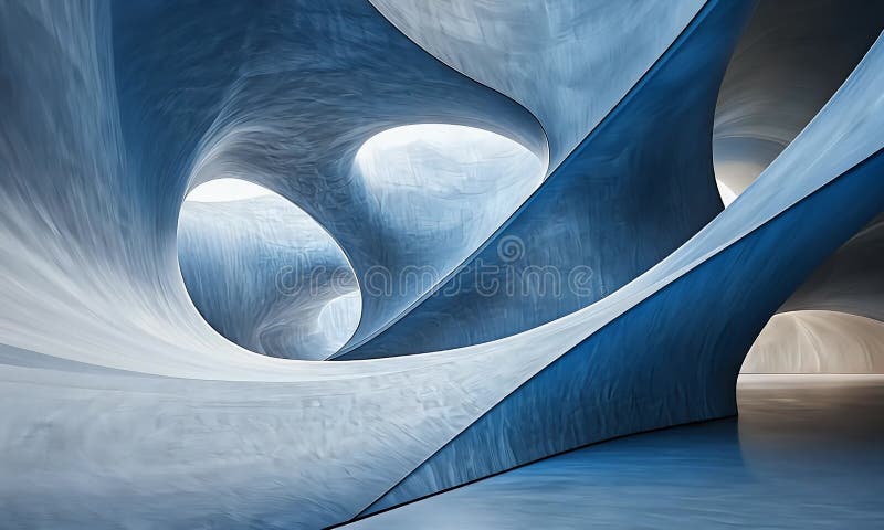 Abstract Blue Architectural Interior with Curved Walls and Openings ...