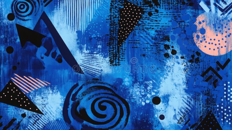Abstract Blue Artistic Composition with Geometric Shapes and Patterned ...