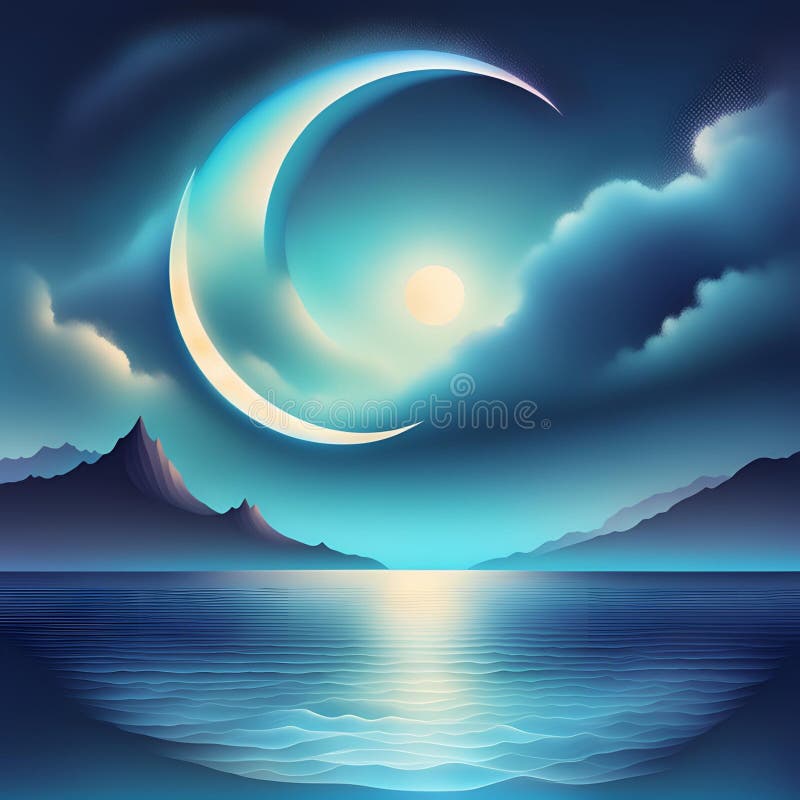 Abstract Blue Background with Crescent Over the Sea Stock Illustration ...