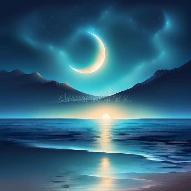 Abstract Blue Background with Crescent Over the Sea Stock Image - Image ...