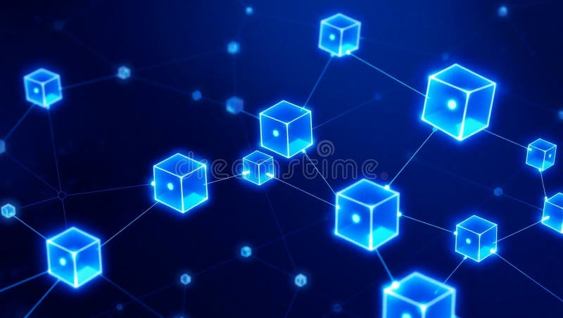 Abstract Blue Background Featuring Interconnected Glowing Cubes Representing a Digital Network ...