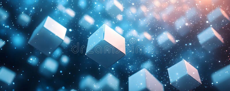 Abstract Blue Background with Floating Cubes and Glowing Lights Stock ...