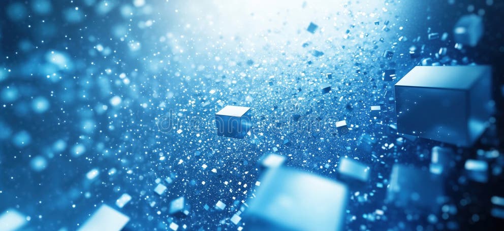 Abstract Blue Background with Floating Cubes and Sparkling Particles in ...