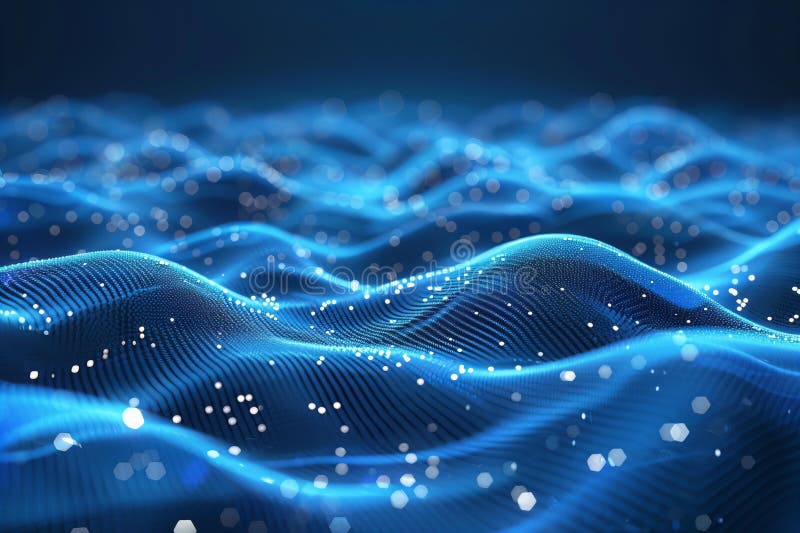 Abstract Blue Background with Glowing Low Poly Mesh Waves and Dots ...