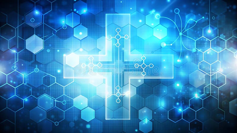 Abstract Blue Background with a Glowing Plus Sign and Hexagonal Network ...