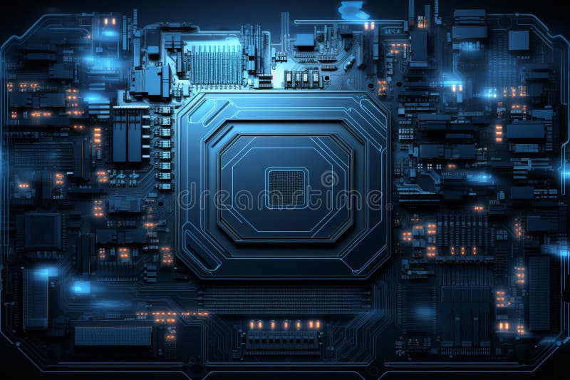 Abstract Blue Background with Holographic Microchip Schematics Design ...