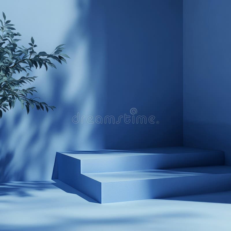 Abstract Blue Background with Podiums and Plants. 3D Rendering Stock ...