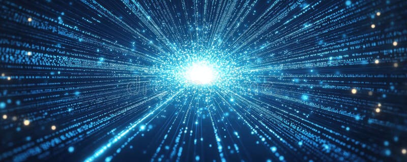 Abstract Blue Background with Radiant White Light Rays Creating a Futuristic Digital Tunnel ...