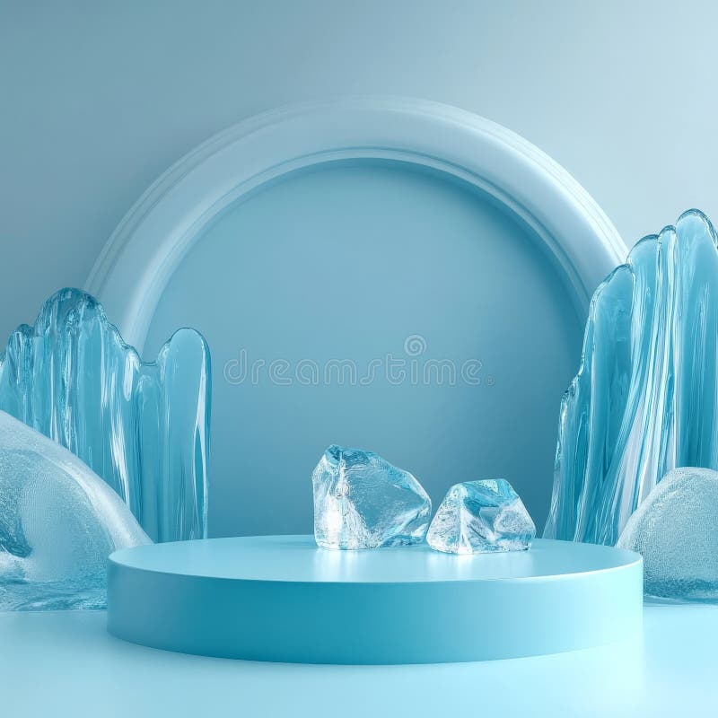 Abstract Blue Background with Round Podium and Ice Cubes. 3d Rendering ...