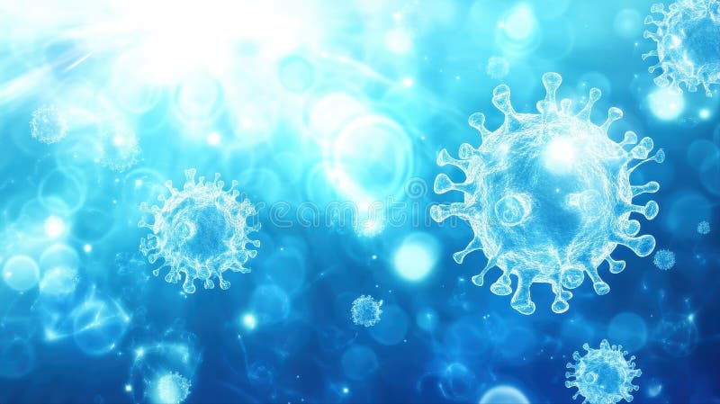Abstract Blue Background Showcases a Microscopic View of Multiple Virus ...