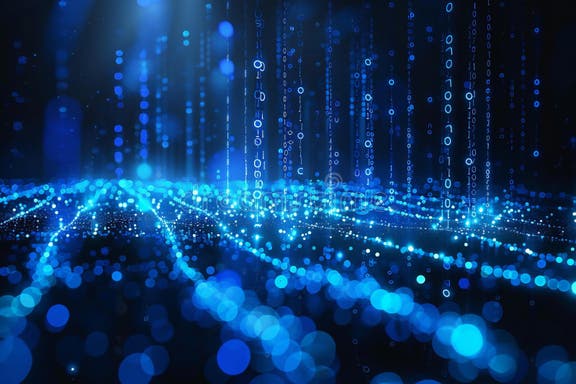 Abstract Blue Binary Code Background with Glowing Digital Numbers and Cyber Space Data Flowing ...