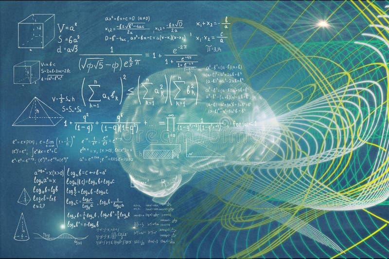 Abstract Blue Brain Background with Mathematical Formulas. Mind Concept ...