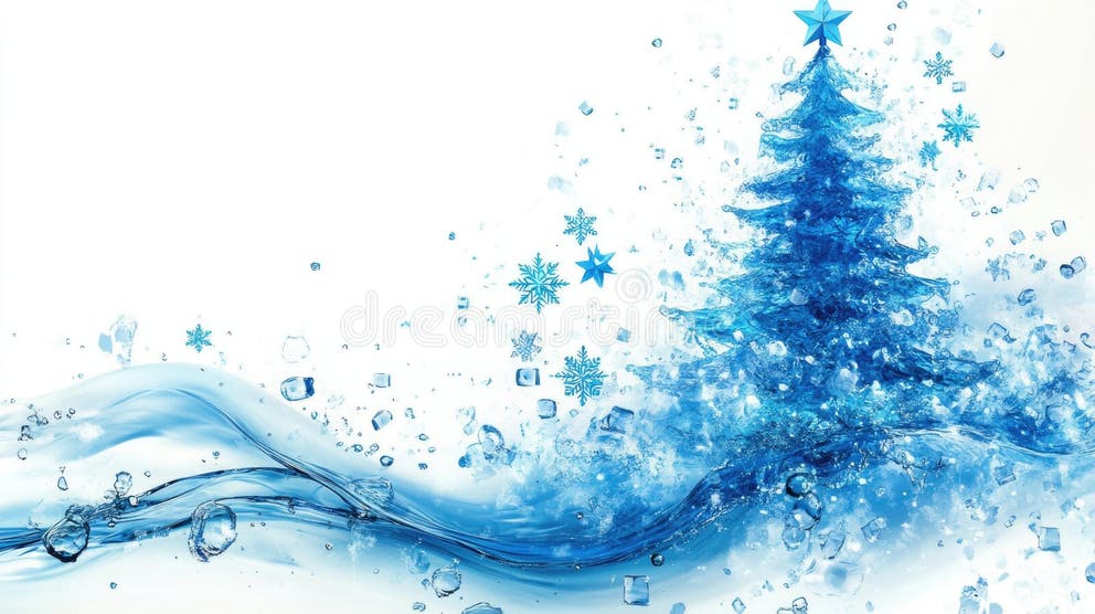 Abstract Blue Christmas Tree with Snowflakes and Water Splash Effect ...