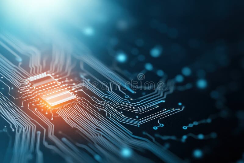 Abstract Blue Circuit Board with Glowing Microchips and Data Pathways ...