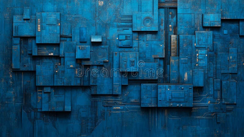 Abstract Blue Circuitry Design Featuring Various Geometric Shapes and ...