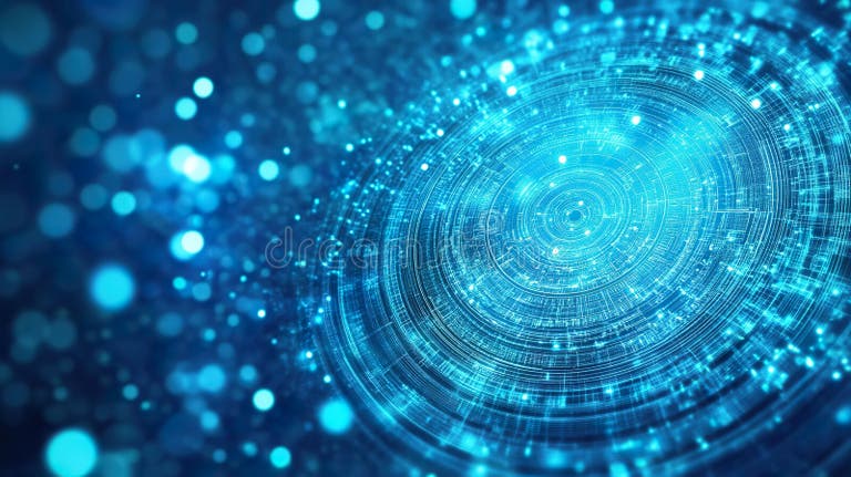 Abstract Blue Circular Digital Technology Background with Glowing Bokeh ...