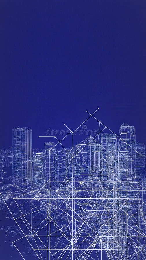 Abstract Blue Cityscape with Intricate Digital Lines Stock Illustration ...