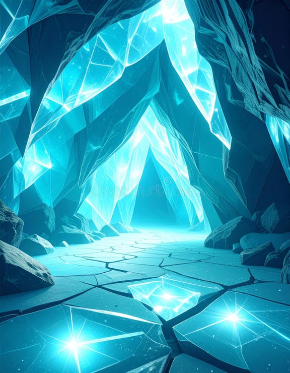 Abstract Blue Crystal Cave Interior with Geometric Formations and ...
