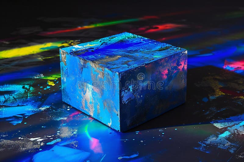 Abstract Blue Cube on a Black Background with Colorful Light Effects ...