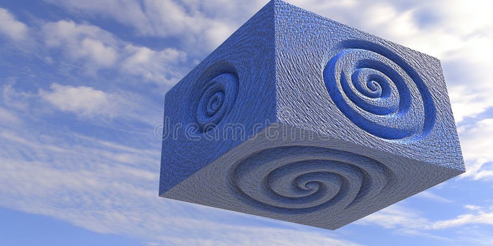 Abstract Blue Cube with Spiral Carvings Floating in a Cloudy Sky 3D Render Stock Illustration ...