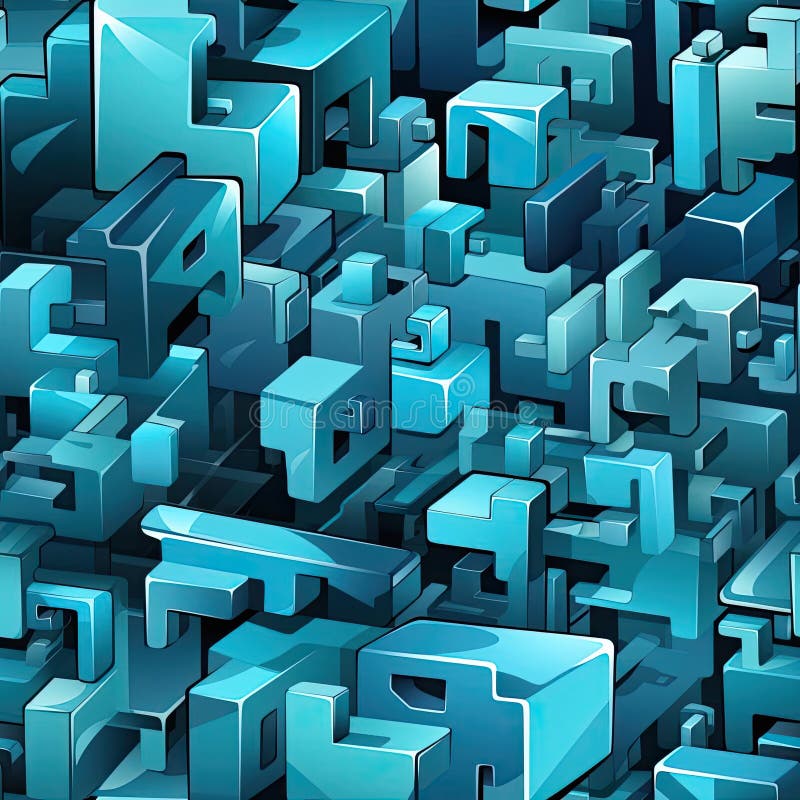 Abstract Blue Cube Structure With Highly Stylized Figures Tiled Stock