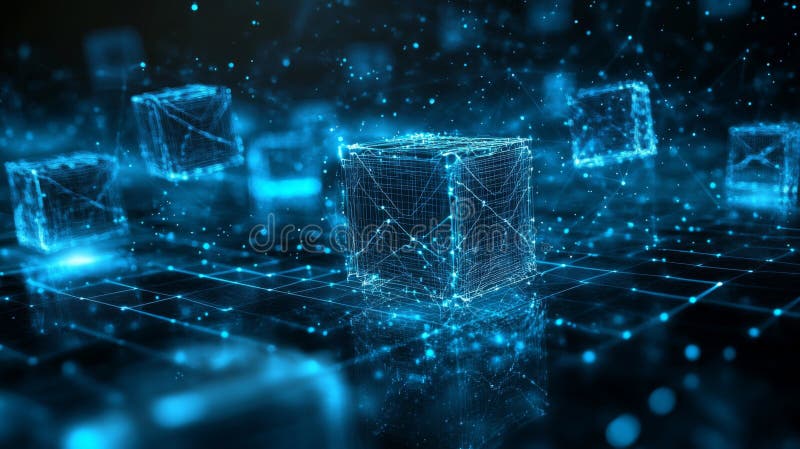 Abstract Blue Cubes in Digital Network Space Stock Illustration - Illustration of connection ...