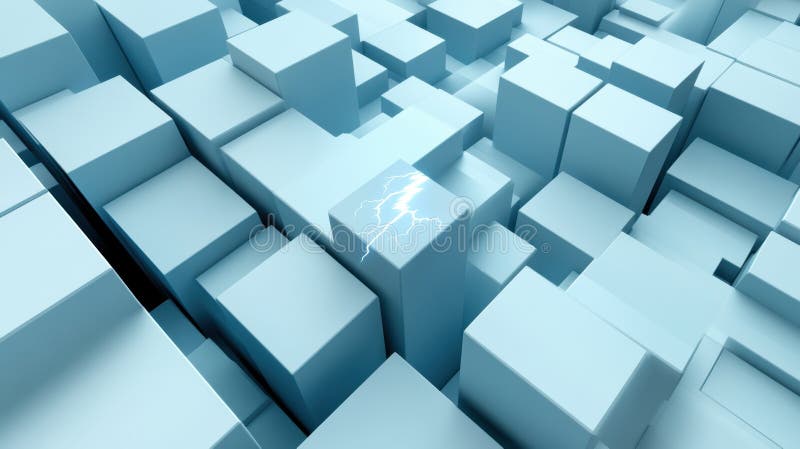Abstract Blue Cubes with a Lightning Bolt on One Surface Create a Dynamic Visual Effect, AI ...
