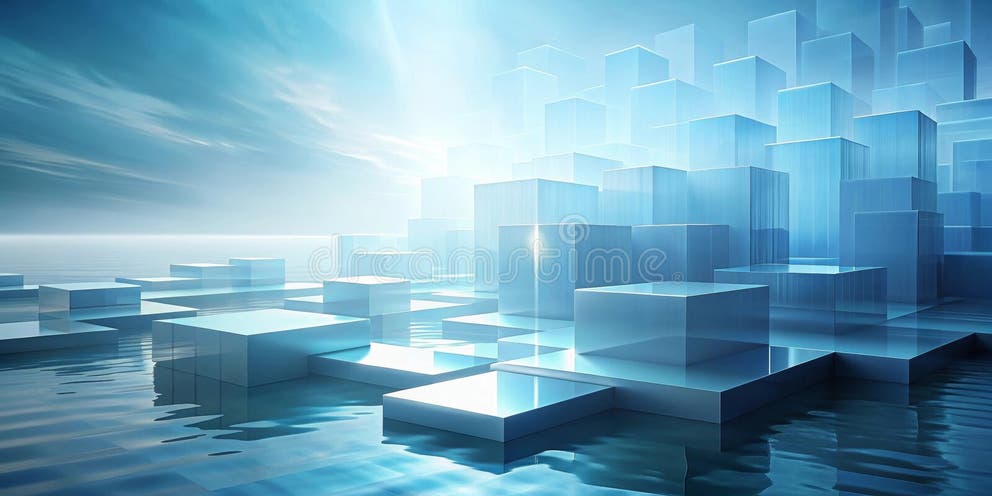 Abstract Blue Cubic Structures Floating on Water Reflecting Light ...