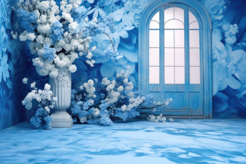 Abstract Blue 3d Studio Background. Room with Flowers Columns Curtains ...