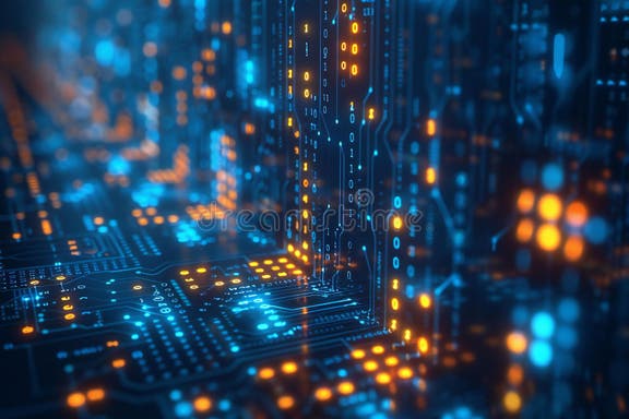 Abstract Blue Digital Background With Binary Code And Circuit Patterns