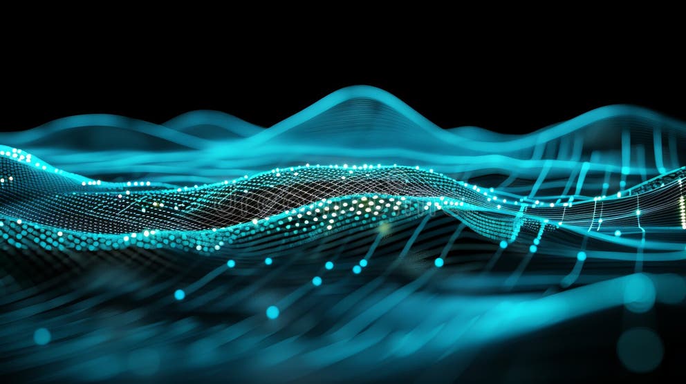 Abstract Blue Digital Data Network Visualization on Black Background Stock Illustration ...