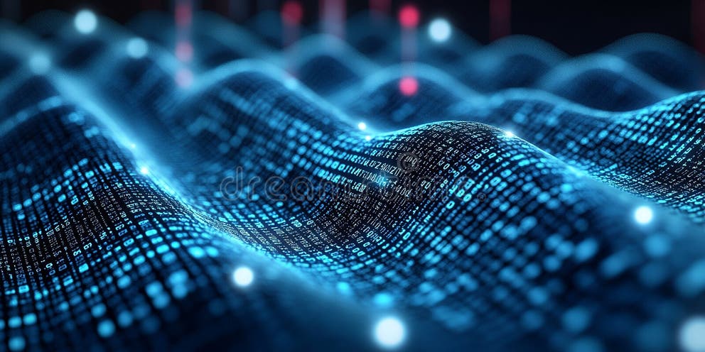 Abstract Blue Digital Data Wave with Glowing Lights Stock Illustration ...