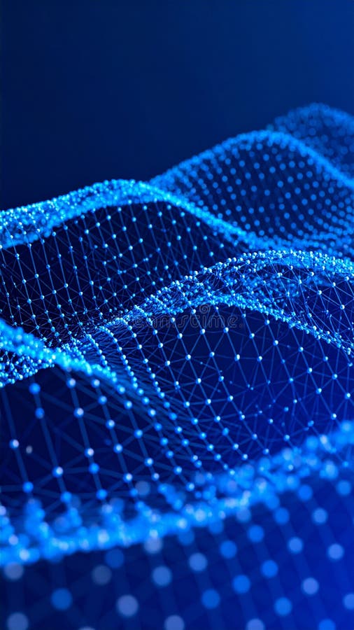 Abstract Blue Digital Network Grid Waves with Glowing Points on Dark Background Stock Photo ...