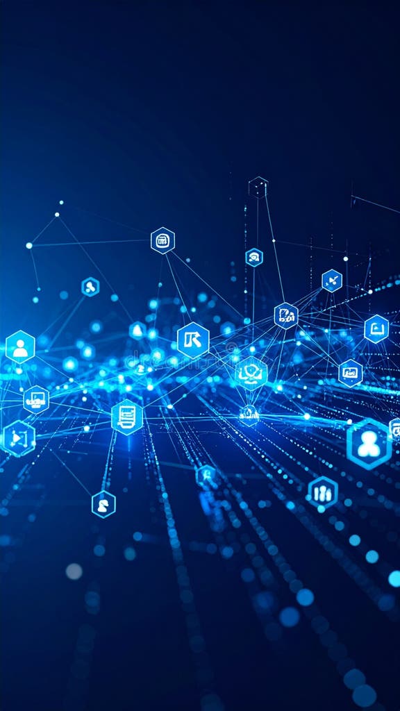 Abstract Blue Digital Network Interconnection with Flowing Data and ...
