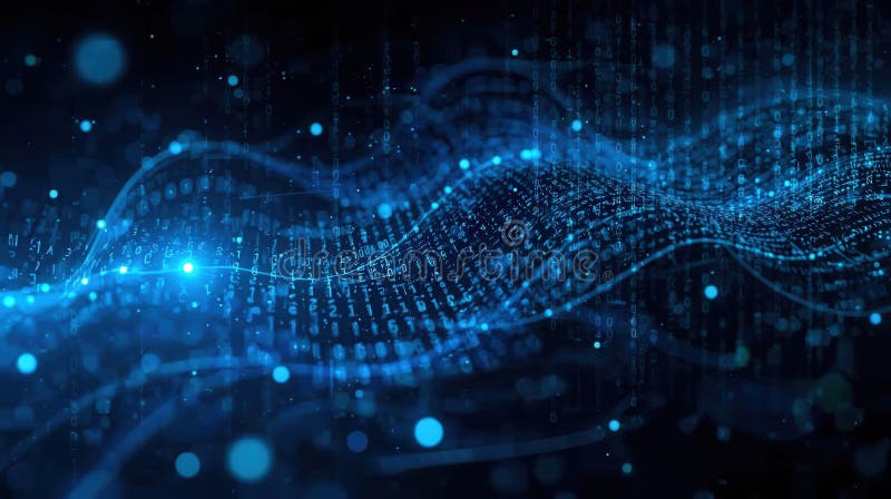 Abstract Blue Digital Technology Background with Binary Code, Data Streams and Glowing Particles ...