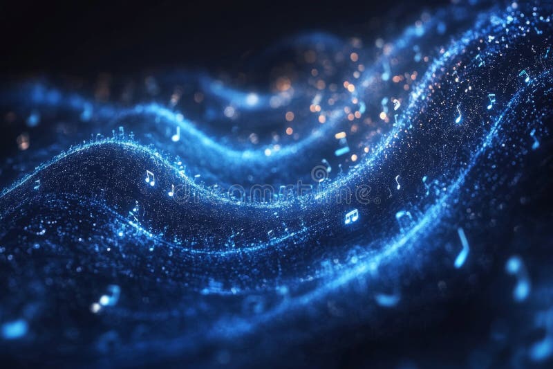 Abstract Blue Digital Wave Flowing with Music Notes, Representing Music ...