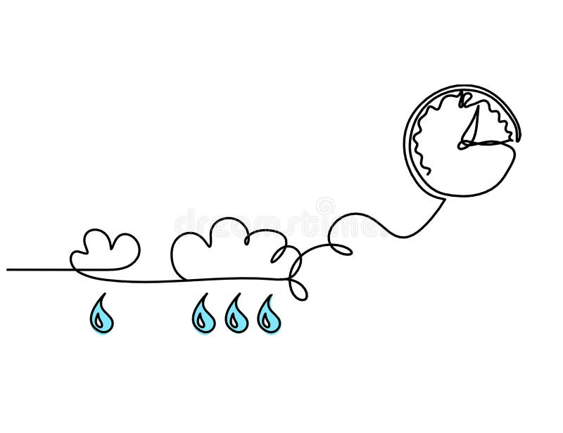 Abstract Blue Drop with Clouds and Clock As Line Drawing on White Stock ...