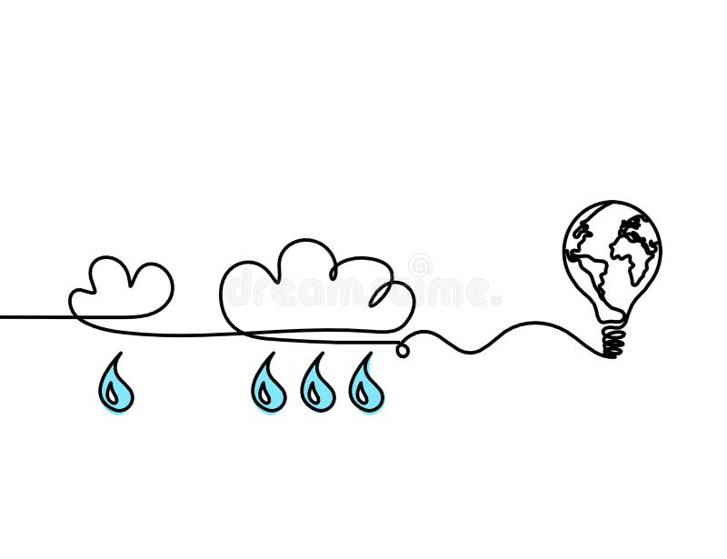 Abstract Blue Drop with Clouds and Light Bulb As Line Drawing on White ...