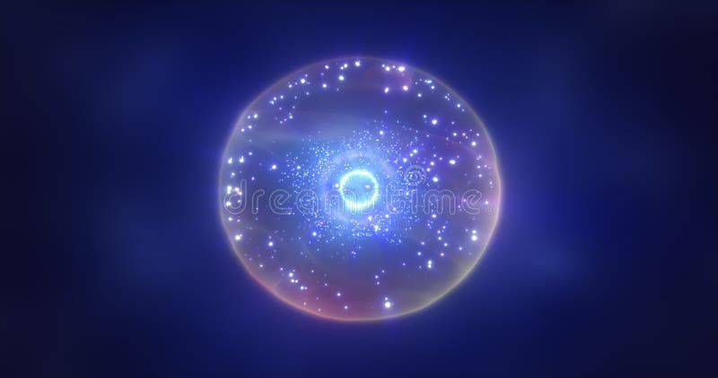 Abstract Blue Energy Sphere with Flying Glowing Bright Particles ...