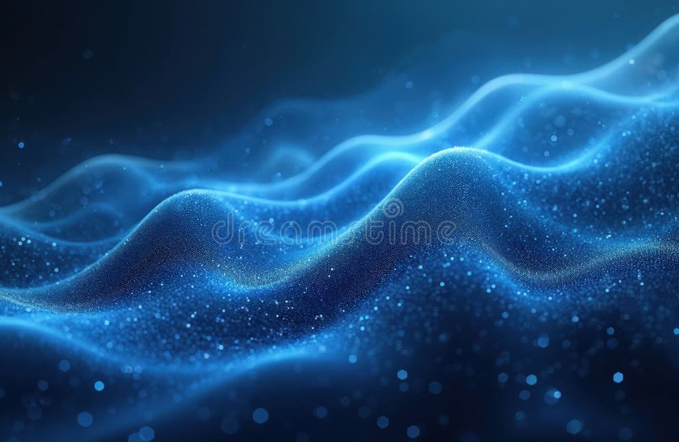 Abstract Blue Energy Wave Background. Dynamic Flowing Particles Create ...
