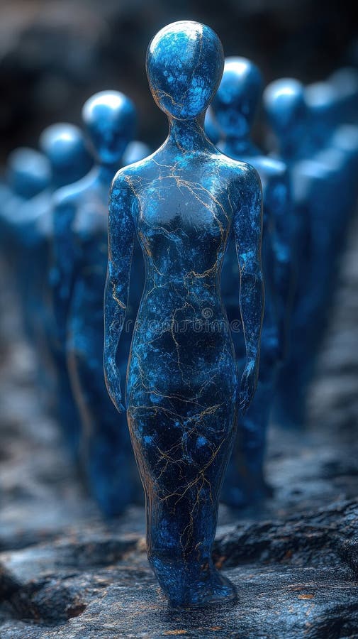 Abstract Blue Figures in a Surreal Lineup Outdoors Stock Photo - Image ...