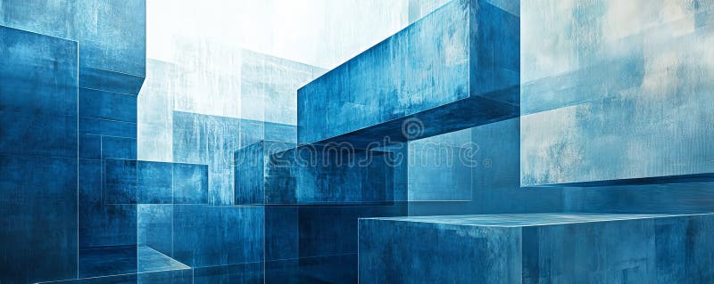 Abstract Blue Geometric Structure with Overlapping Transparent Blocks ...